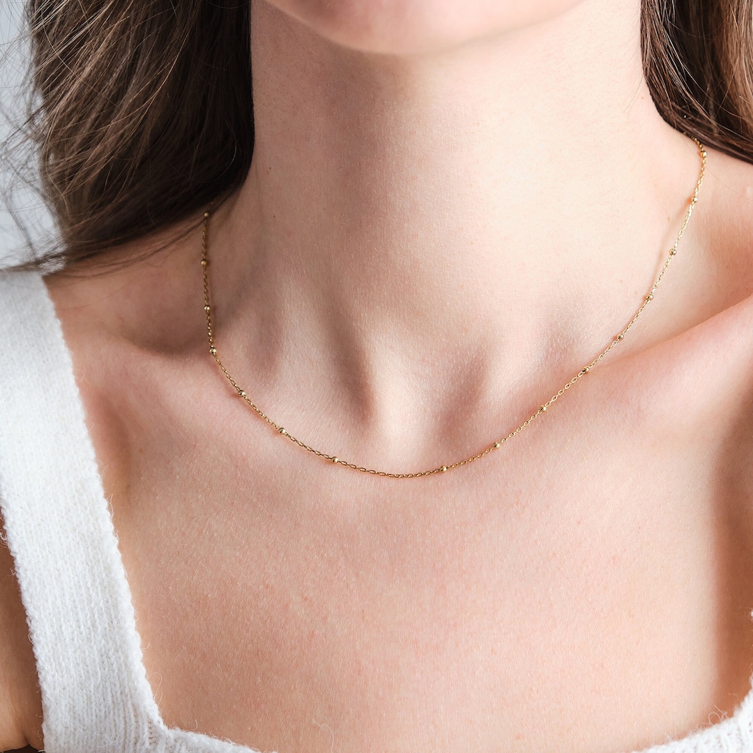 Dainty Beaded Chain Necklace, Satellite Necklace, Gold Choker Chain ...