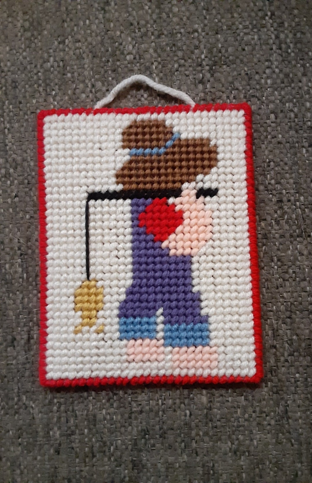 Country Bonnet Little Boy With A Fish - Handmade Plastic Canvas - Wall ...