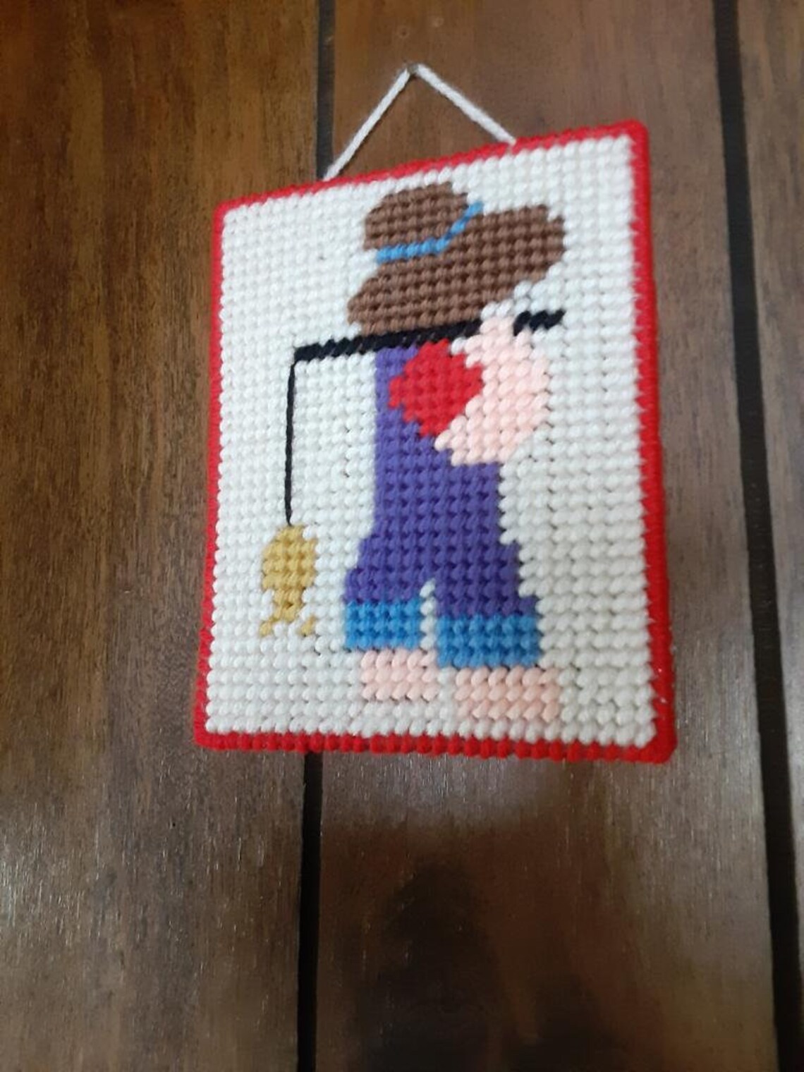 Country Bonnet Little Boy With A Fish Handmade Plastic Canvas Wall ...
