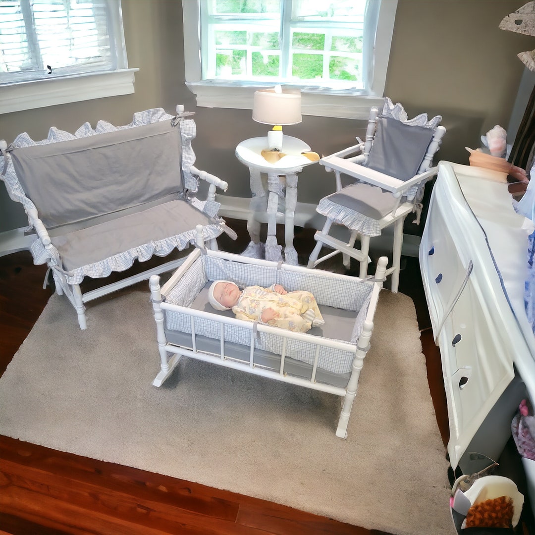 Vintage Cass Toy High Chair, Cradle and Childs Bench With Reborn Baby ...