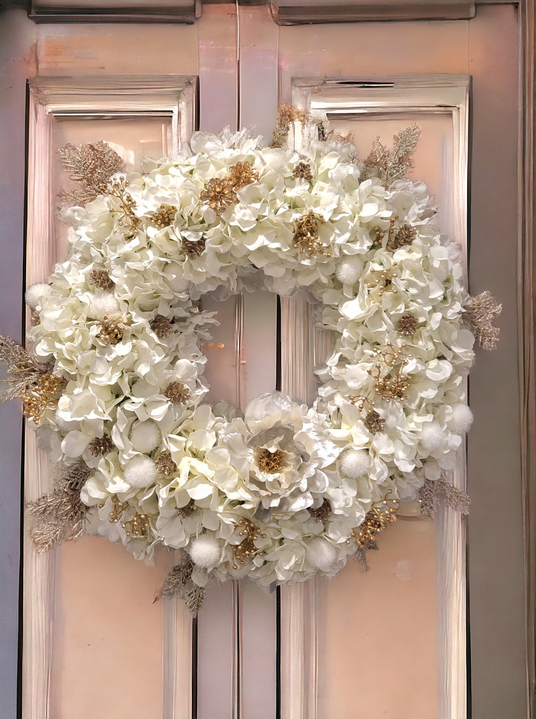 White and Gold Hydrangea Christmas Winter Wreath Snowflake Wreath - Etsy