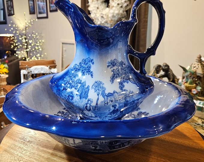 Vintage Large Pitcher and Bowl Set Flo Blue and White by Staffordshire ...