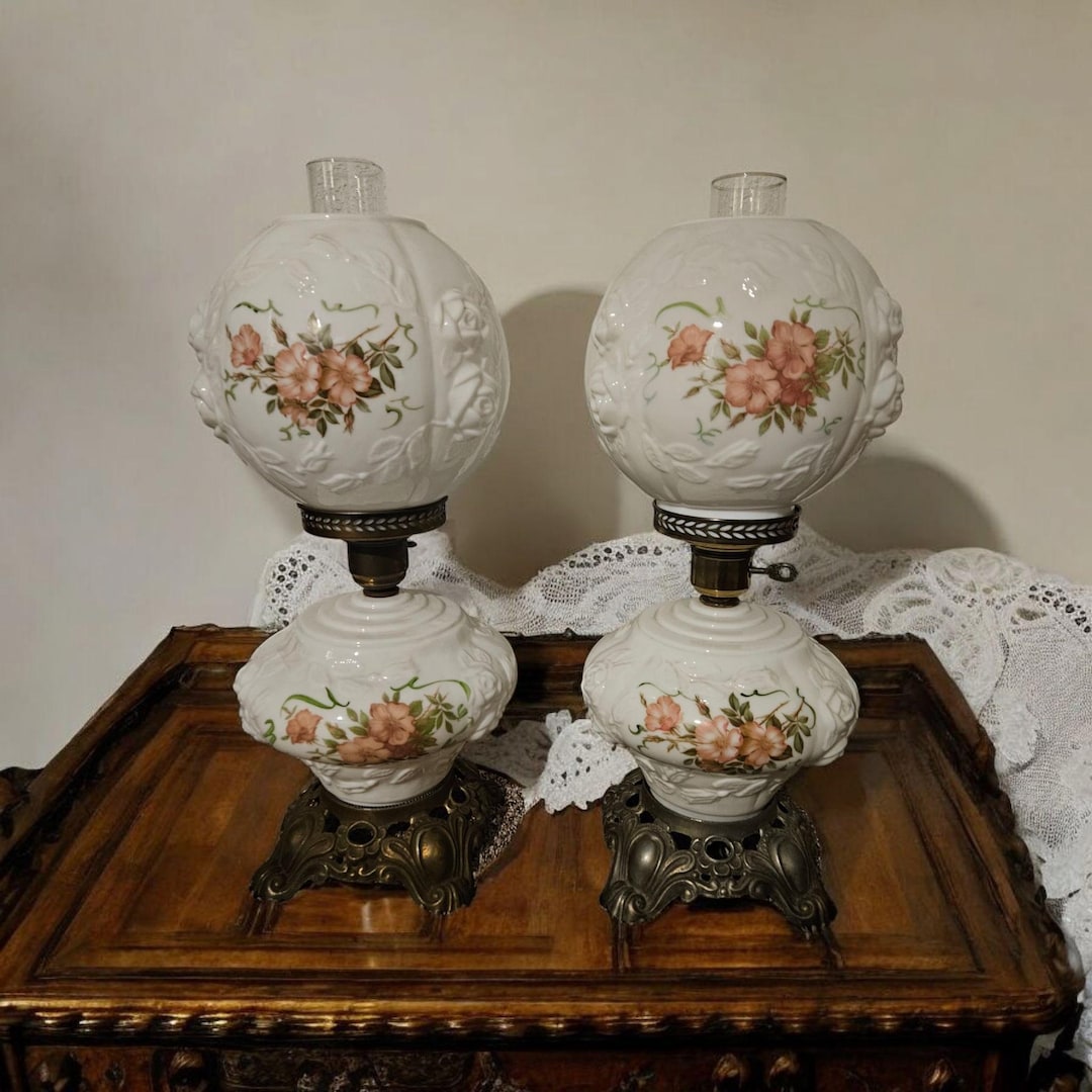 Vintage Gone With the Wind Hurricane Milk Glass Lamps Floral - Etsy