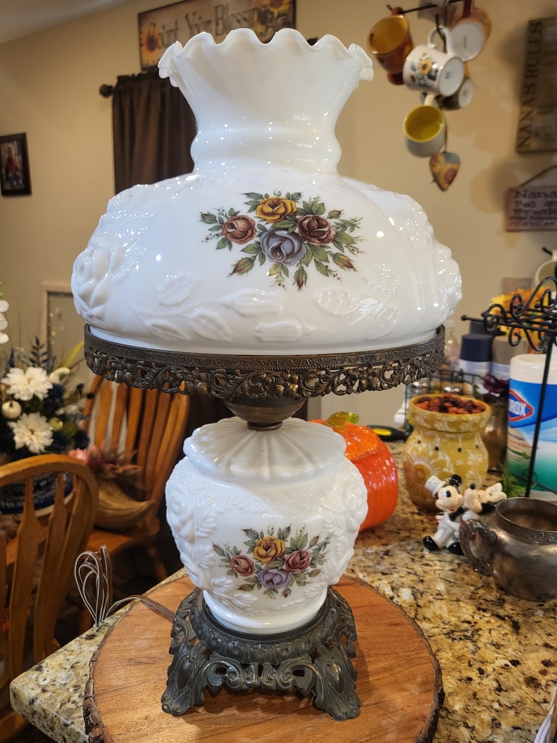 Vintage Fenton Milk Glass Puffy Rose Parlor Lamp Gone With - Etsy