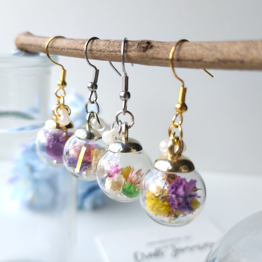 Real Flower Sphere Earrings, Colorful, Valentine Gift for Her - Etsy