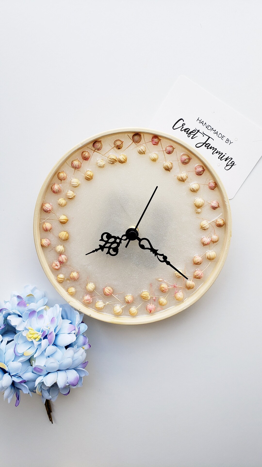 Minimalist Real Flower Wall Clock, Dried Flax Seed, 15cm, Wedding ...