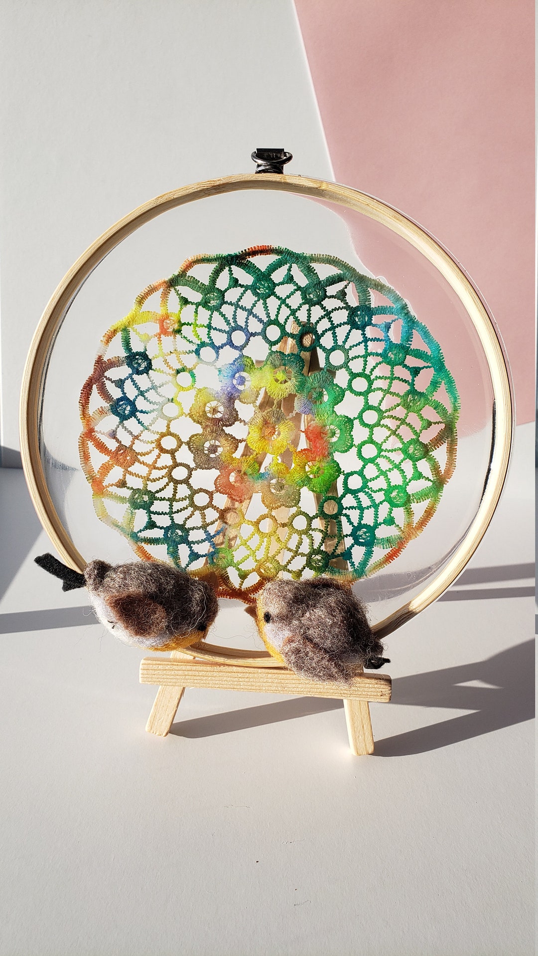 Felt Robin & Floral Crochet, Bamboo Hoop, 18cm, Housewarming/ Valentine ...