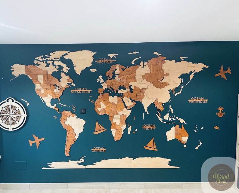 Carte du Monde Bois en Français Décoration murale Pays du - Etsy France