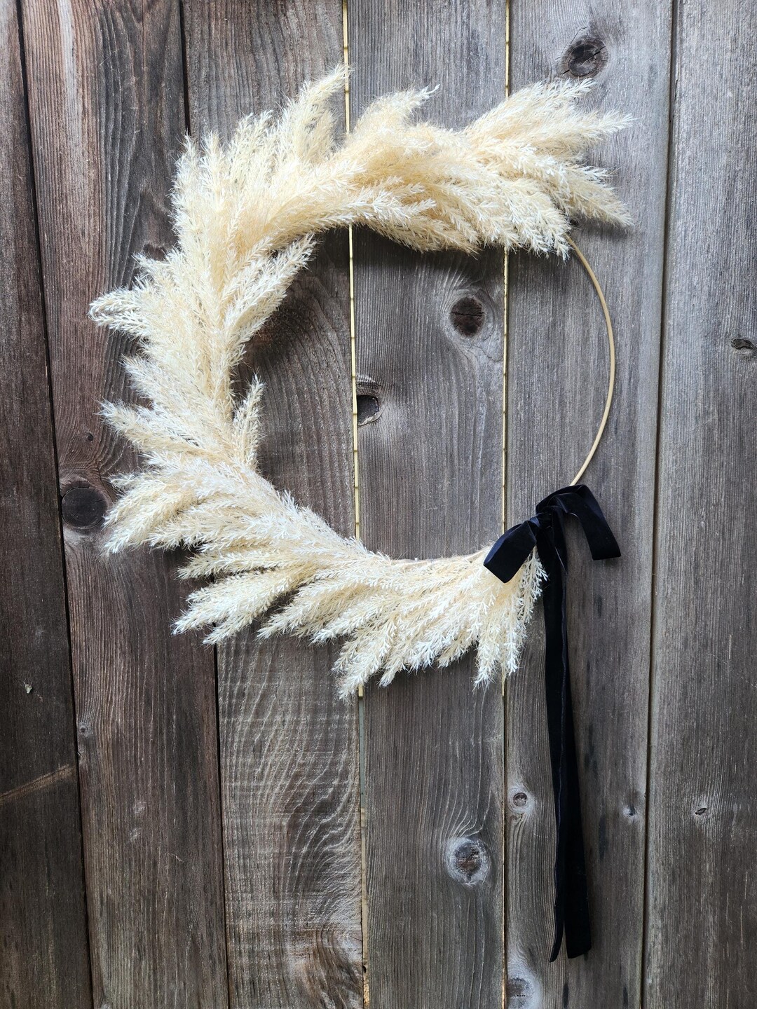 Elegant Faux Pampas Grass Wreath With Black Velvet Bow | Modern Fall ...