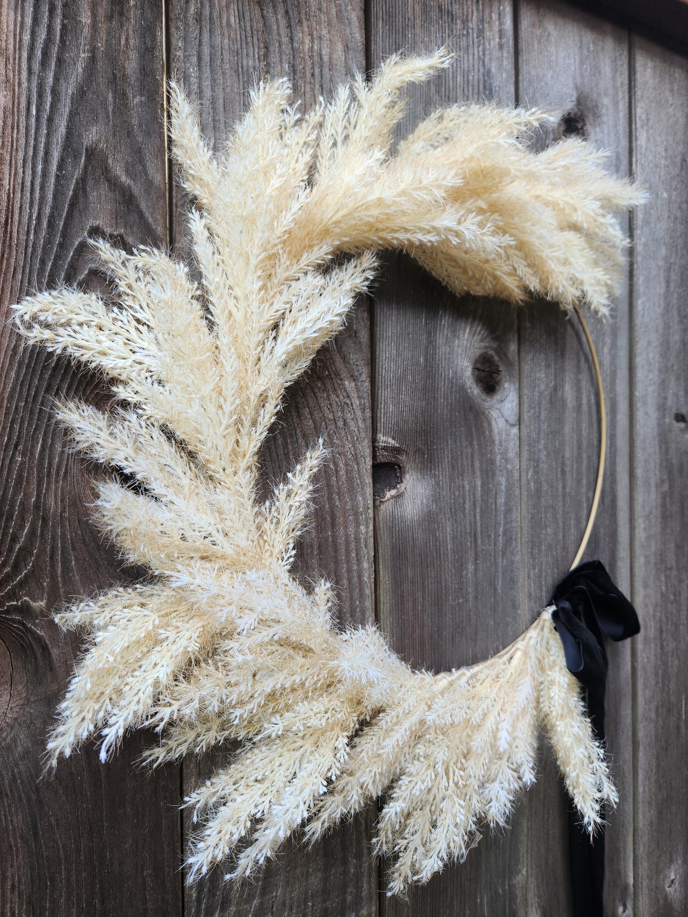 Elegant Faux Pampas Grass Wreath With Black Velvet Bow Modern Fall ...