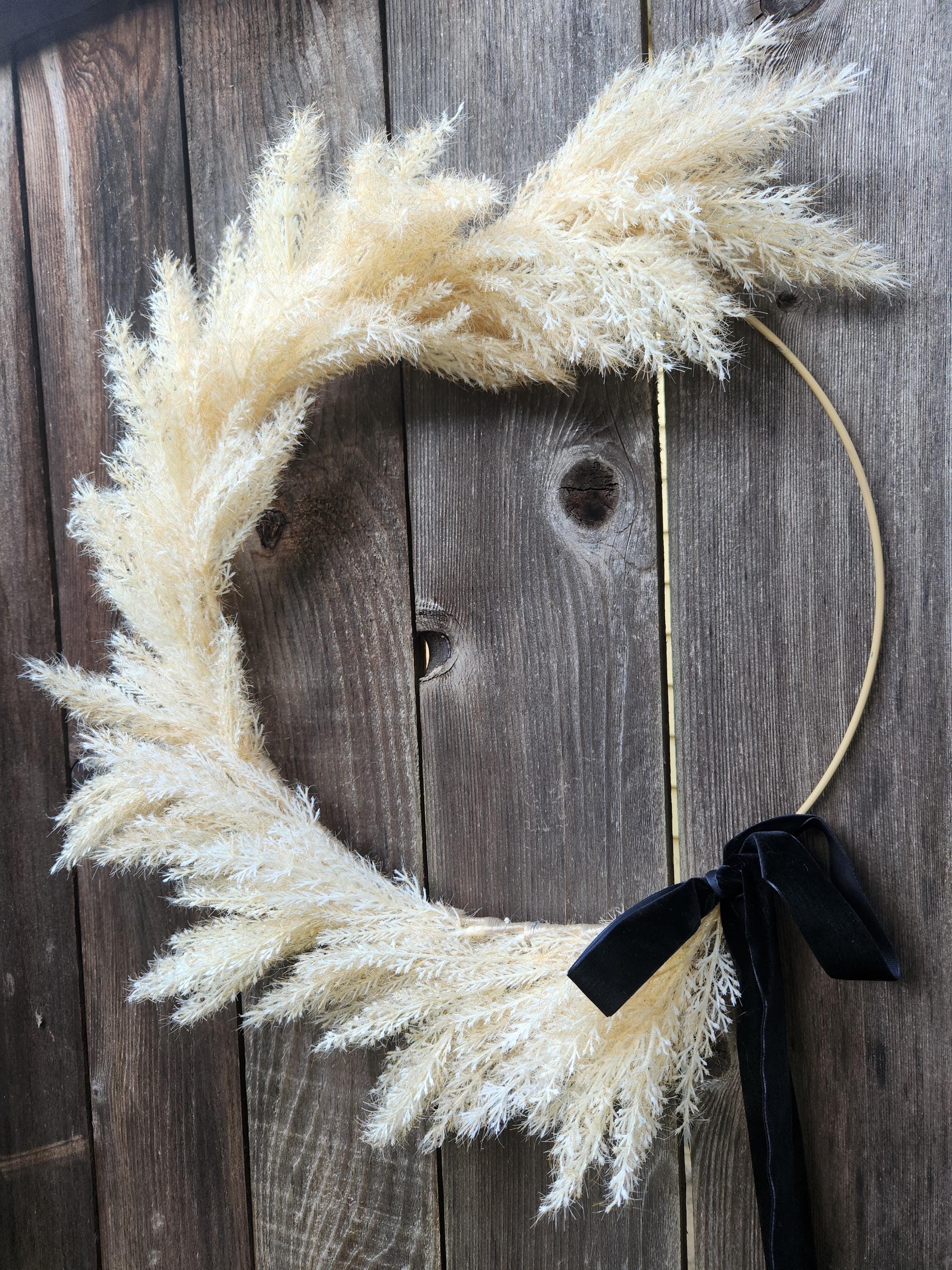 Elegant Faux Pampas Grass Wreath With Black Velvet Bow Modern Fall ...