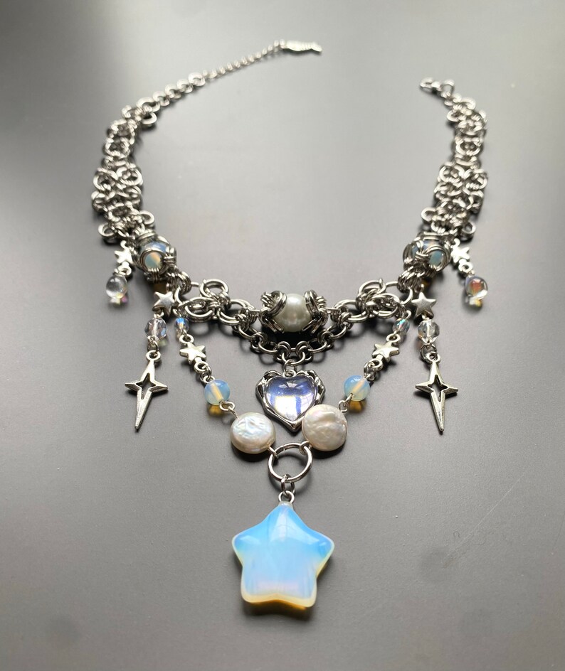 Opalite Cyber Y2k Chainmail Star Necklace Choker, Futuristic Cybercore ...
