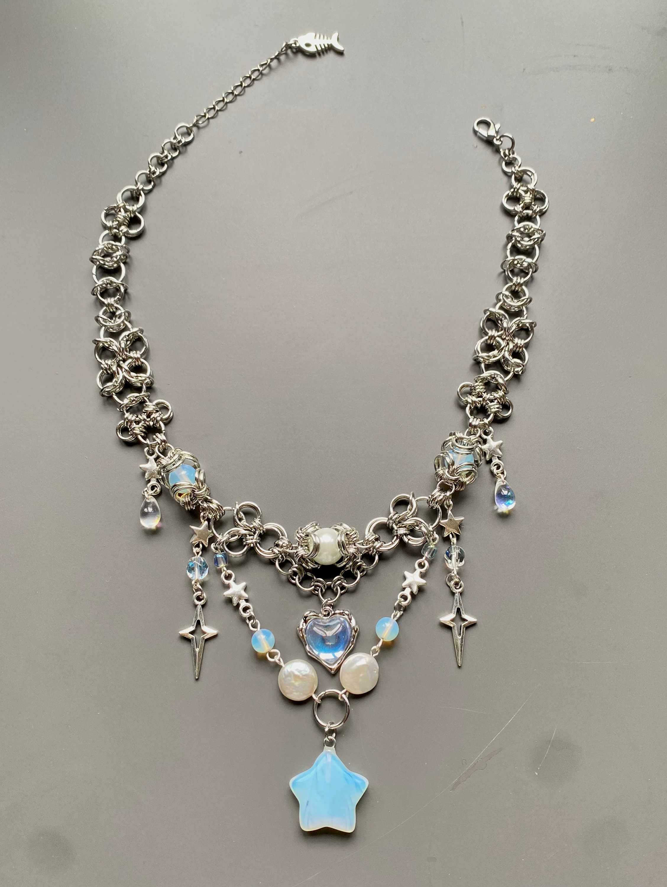 Opalite Cyber Y2k Chainmail Star Necklace Choker, Futuristic Cybercore ...