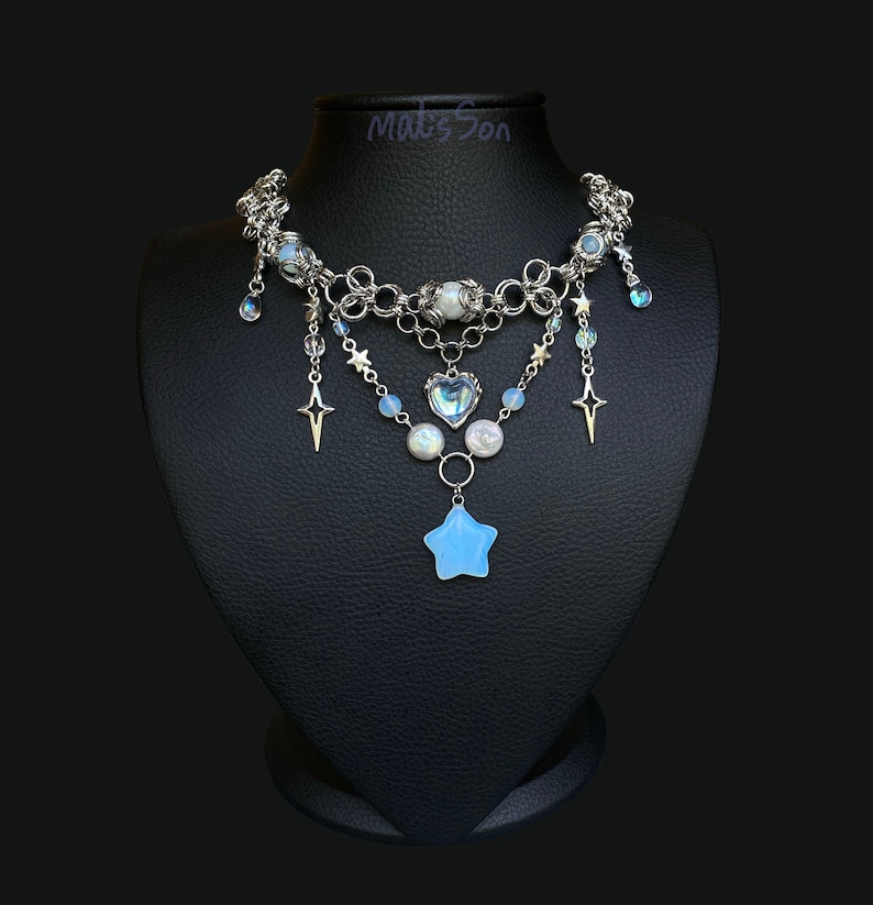 Opalite Cyber Y2k Chainmail Star Necklace Choker, Futuristic Cybercore ...