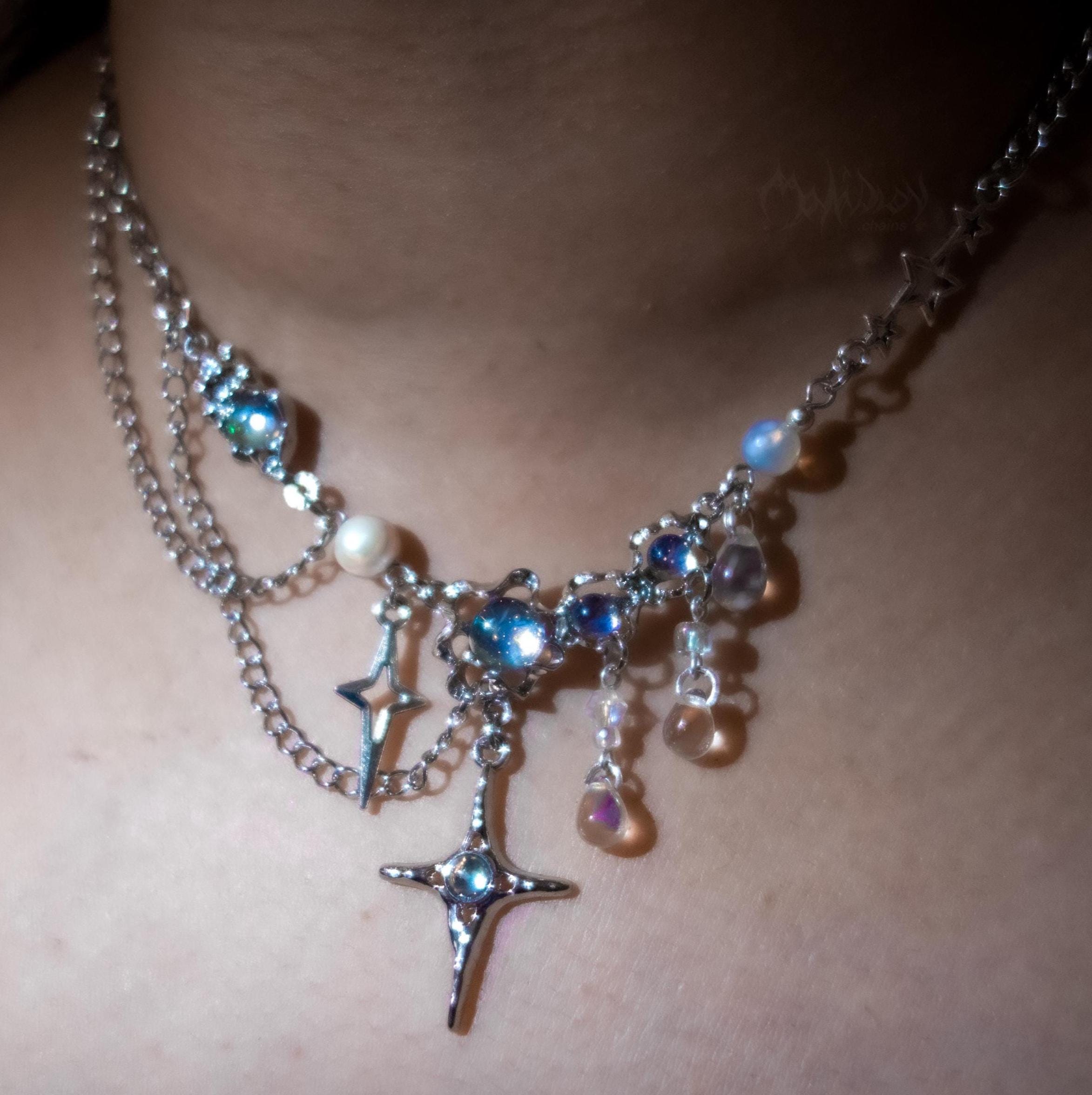 Chrome Star Charm Necklace, Freshwater Pearl, Cyber Y2k Jewelry - Etsy