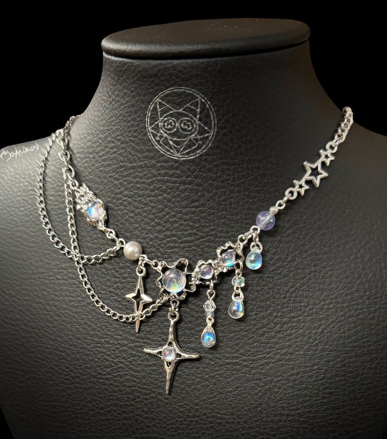 Chrome Star Charm Necklace, Freshwater Pearl, Cyber Y2k Jewelry - Etsy