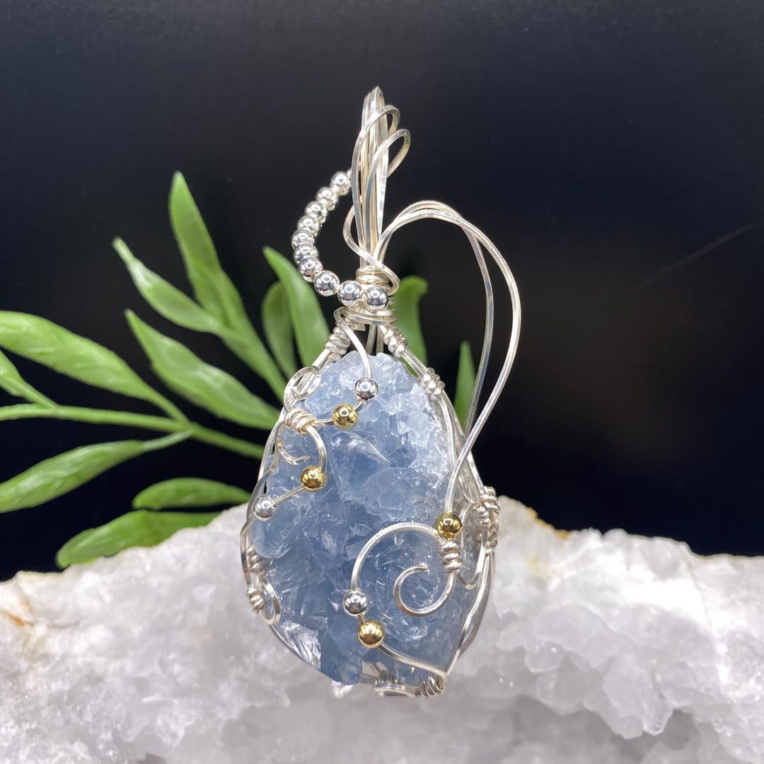 Celestite Crystal Pendant Necklace, Celestite Crystal Cluster, Silver ...
