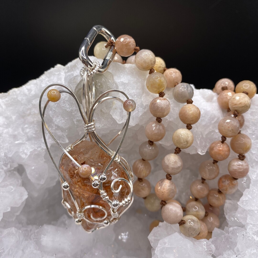 Faceted Rough Quartz With Inclusions Wrapped Pendant Hand Knotted 36 ...