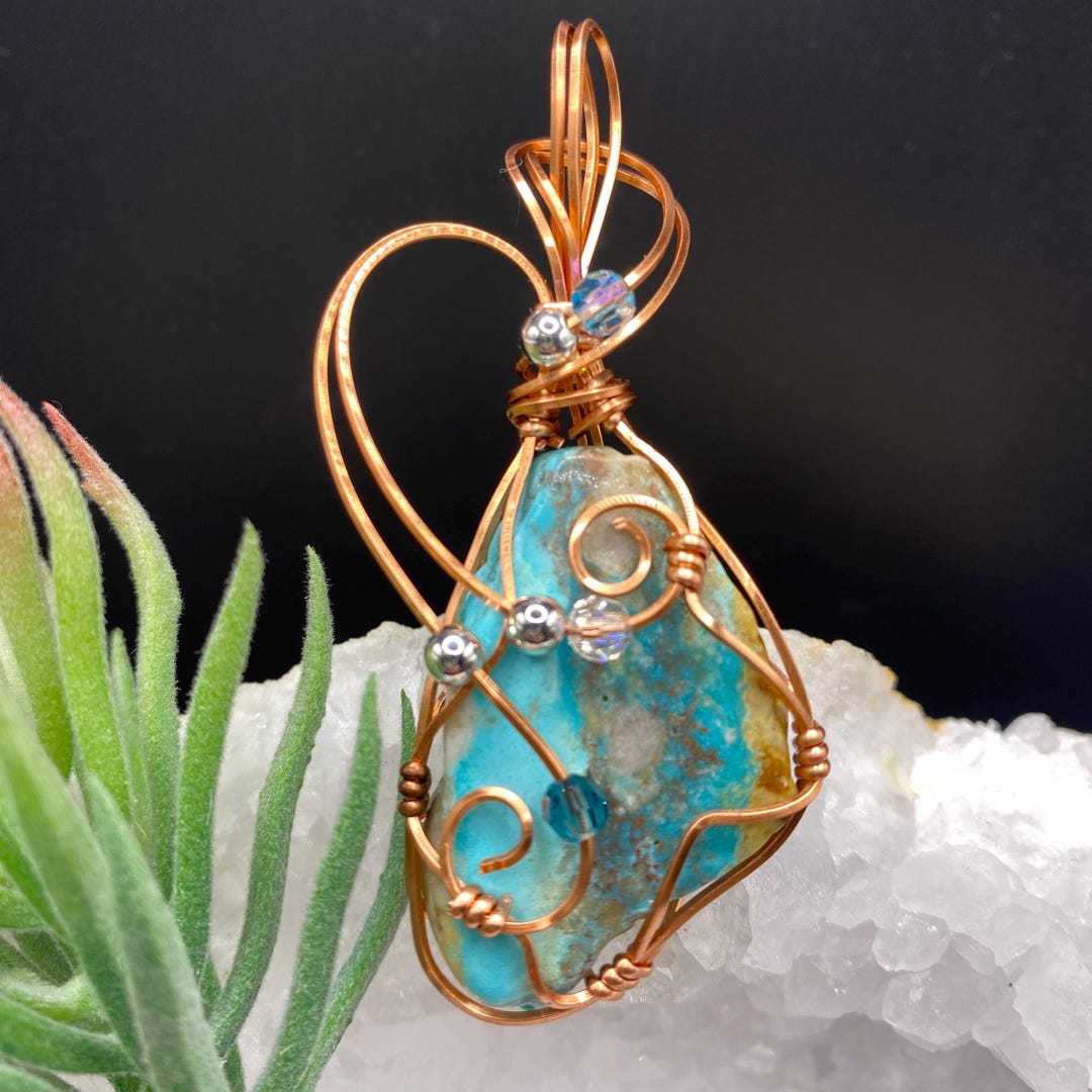 Kingman Turquoise Wire Wrapped Gemstone Necklace, Copper Wire Wrap ...