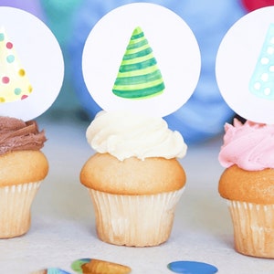 Cupcake Toppers Birthday Printable | Party Hat Cupcake Toppers ...