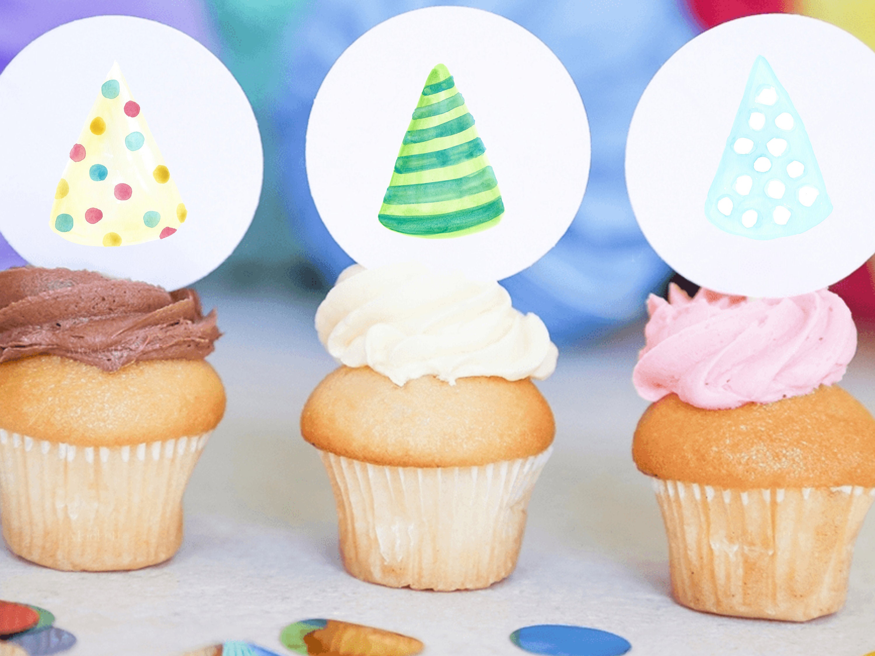 Cupcake Toppers Birthday Printable | Party Hat Cupcake Toppers ...