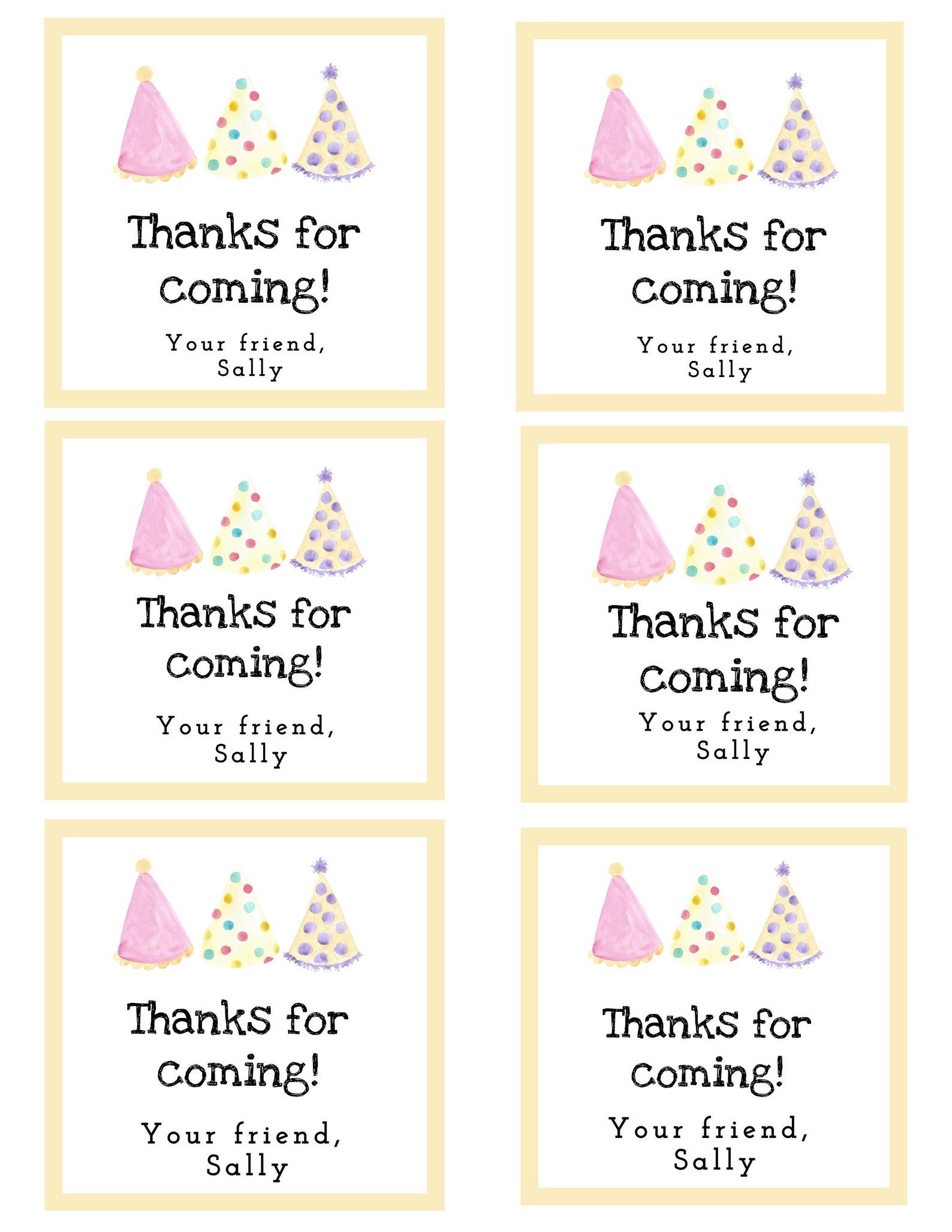 Thanks for Coming Party Favor Printable Party Hat Favor Tag Thank You ...