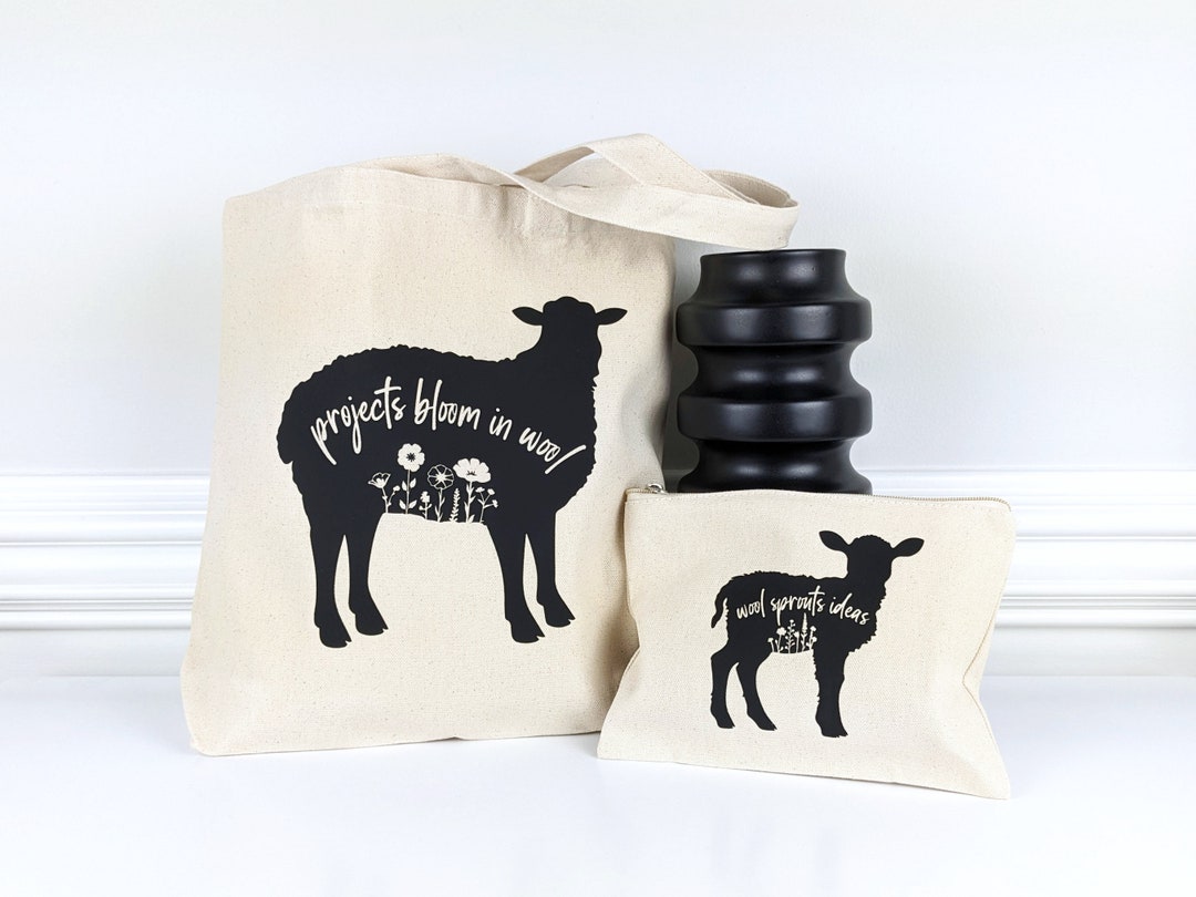 Projects Bloom in Wool Sheep Tote Bag and Zipper Pouch Set, Wool ...