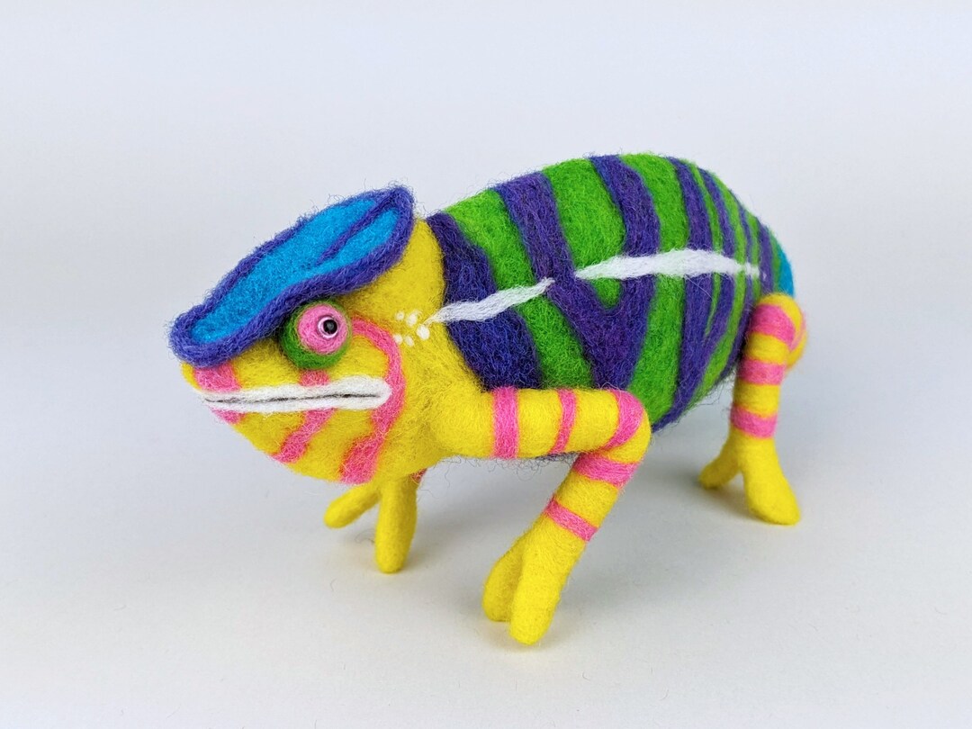 Needle Felted Chameleon Sculpture – Fantasy Panther Chameleon in Neon ...