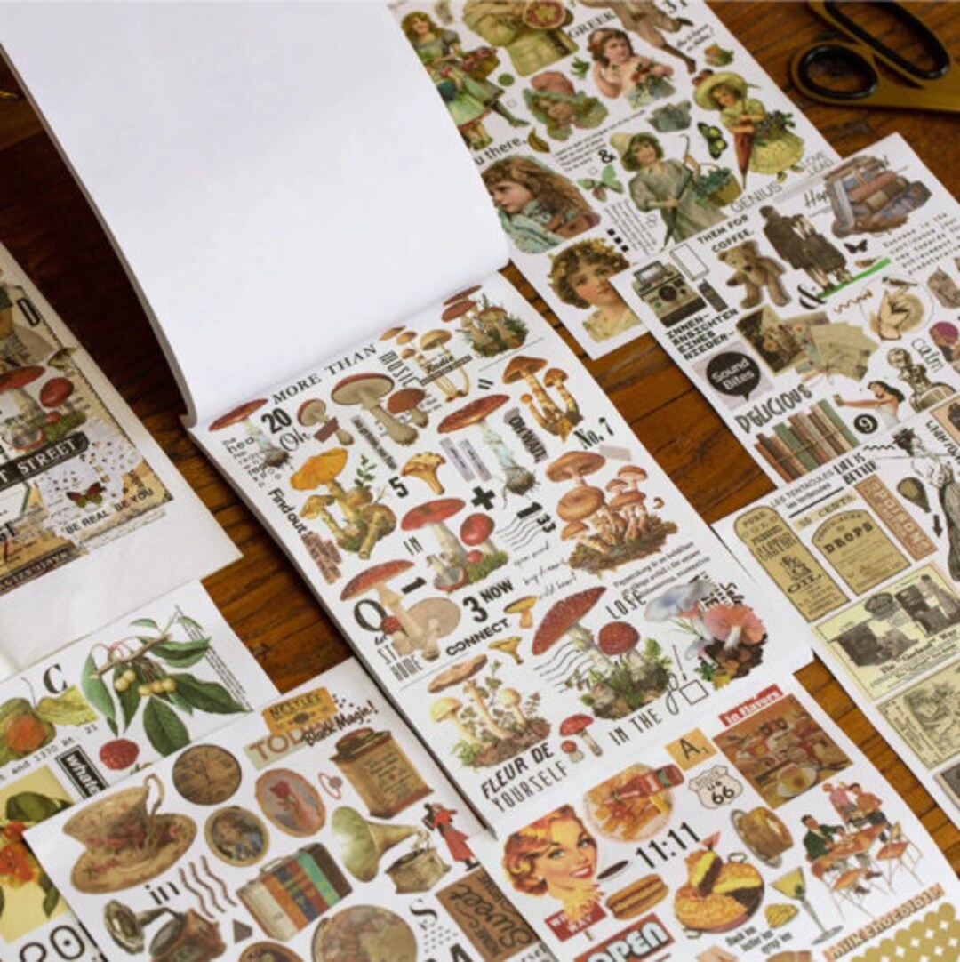 50/pg. Retro Sticker Book, Vintage Washi Sticker Book, Retro Aesthetic ...