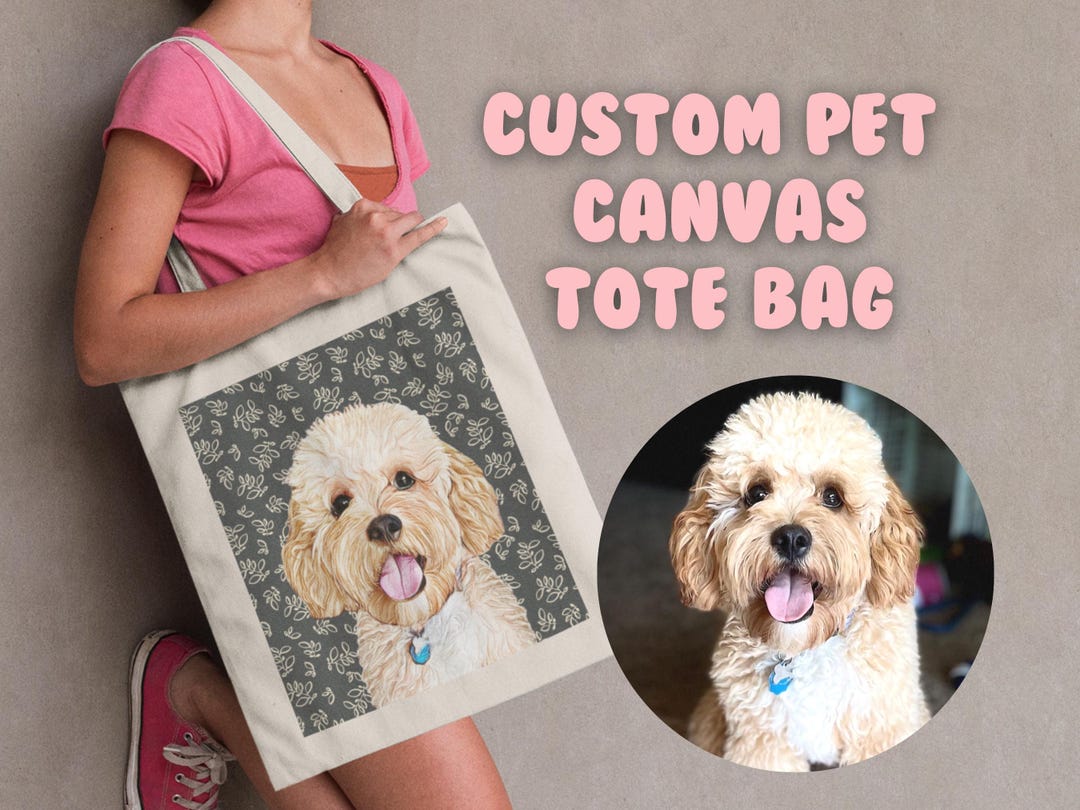 Custom Pet Canvas Tote Bag (navy Leaf) - Pet Portrait, Dog Cat Bunny ...