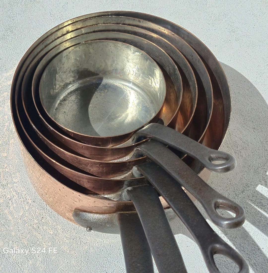 Vintage French Copper Pan Set of 5; Graduated Tin-lined Pots, Hammered ...