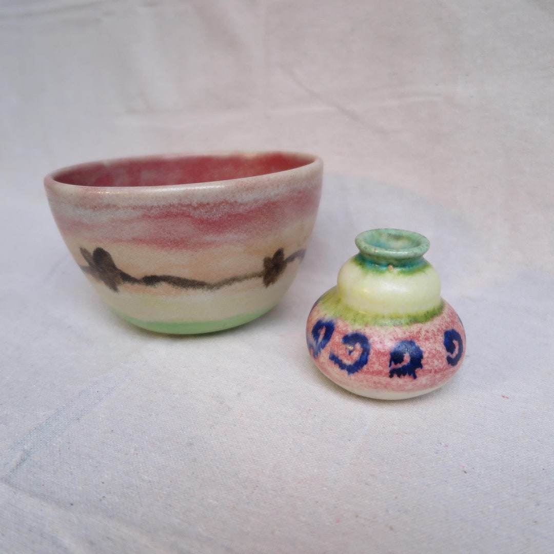 Studio Pottery Bowl & Small Vase / Colorful Pastels / Pink, Orange ...