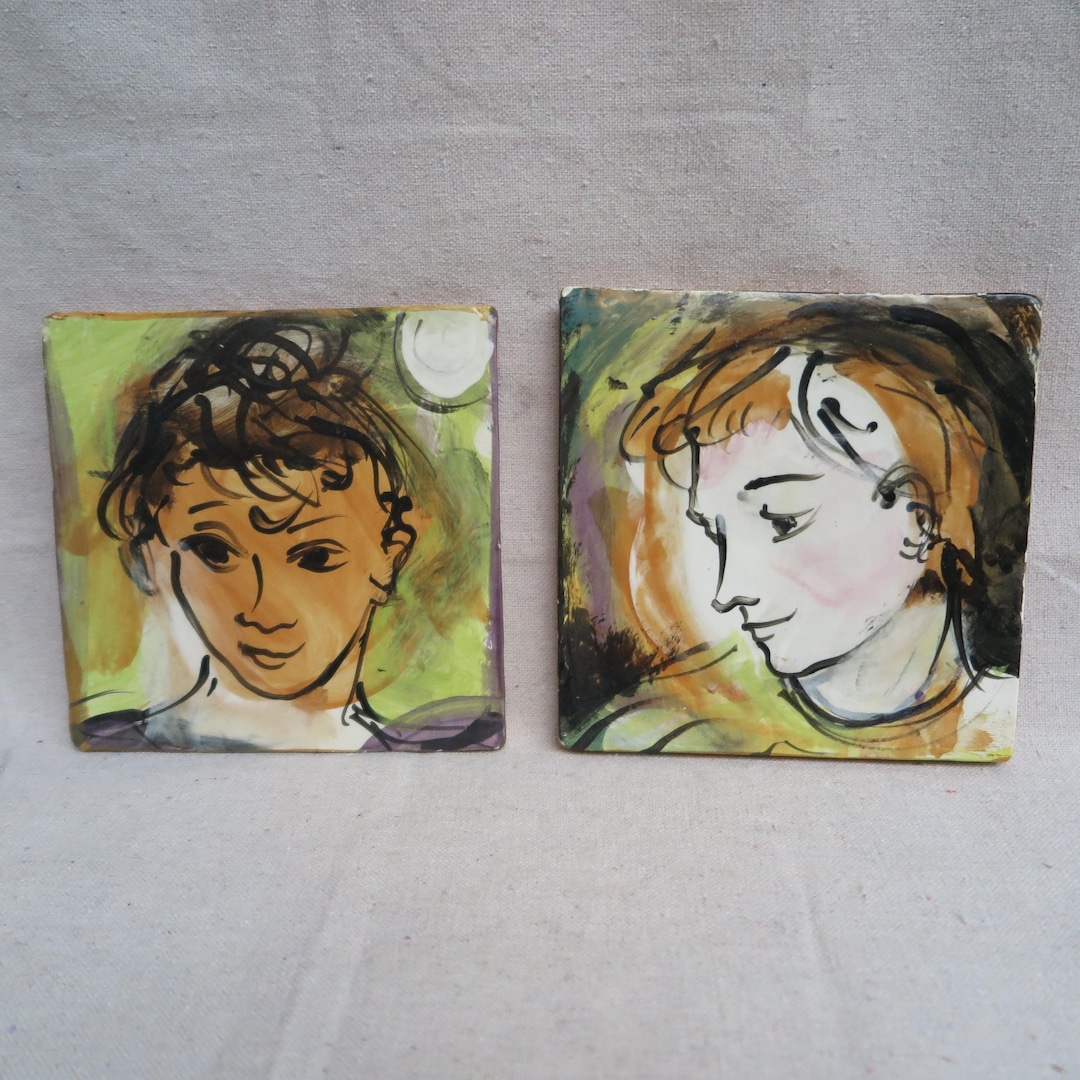 Vintage Faces Hand Painted Decorative Tiles or Trivets / Signed ...