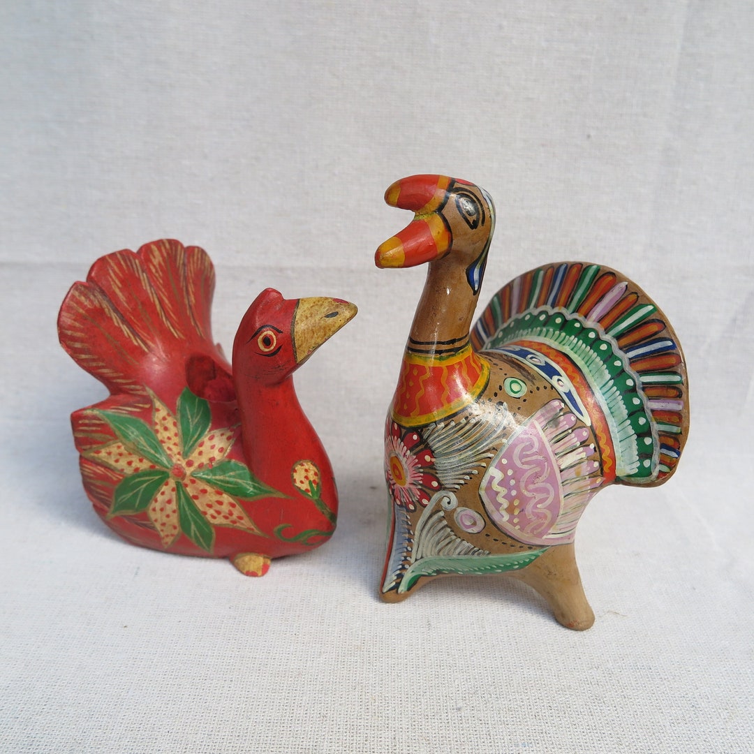 Brightly Colored Ceramic Folk Art Turkey Piggy Bank and Red Ceramic ...