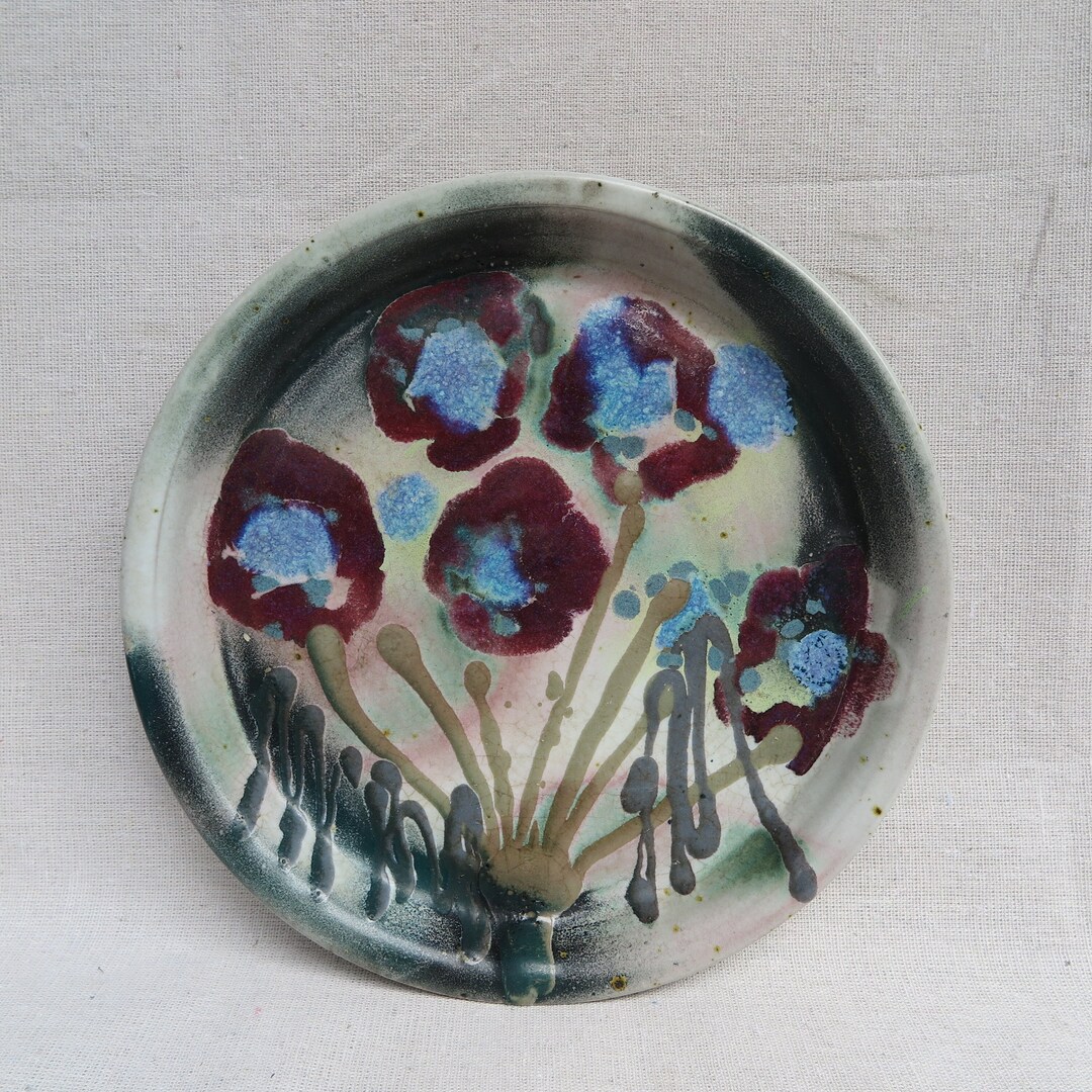 Vintage Studio Pottery Plate With Hand Painted Crimson Red & Blue ...