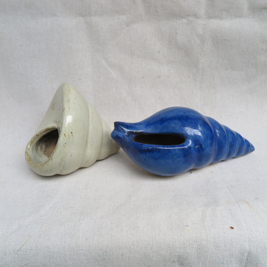 White and Blue Pottery Seashell Sculpture Stoneware Planters / Beach ...