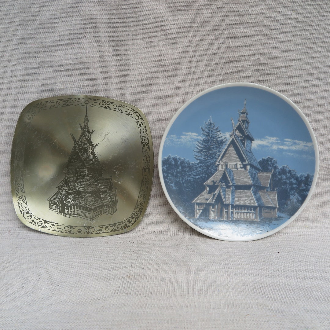 Norwegian Stave Church Decorative Plate Set / Metal and Ceramic / Helgi ...