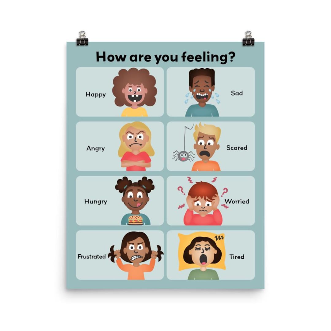 Feelings Poster for Diverse Kids - 8 Emotions Blue | Classroom Decor ...