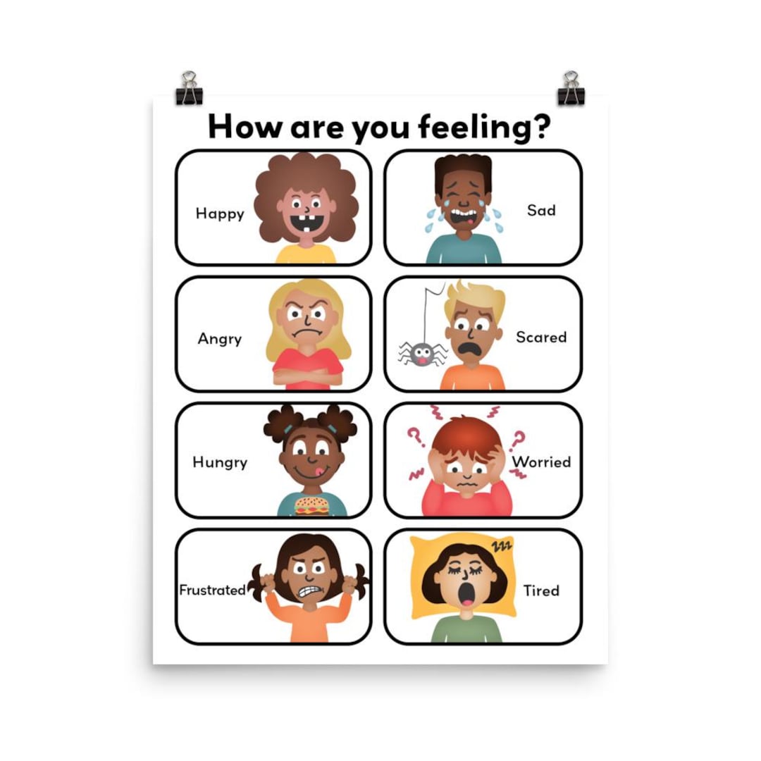 Feelings Poster for Diverse Kids - 8 Emotions White | Classroom Decor ...