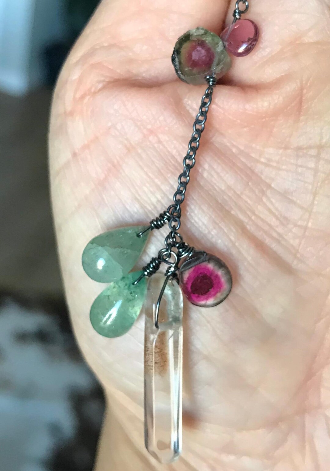 Watermelon Tourmaline, Phantom Quartz, Green Beryl Necklace With ...