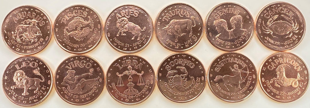 Zodiac Copper Coins Fine .999 Bullion Rounds All Twelve Zodiac Signs ...
