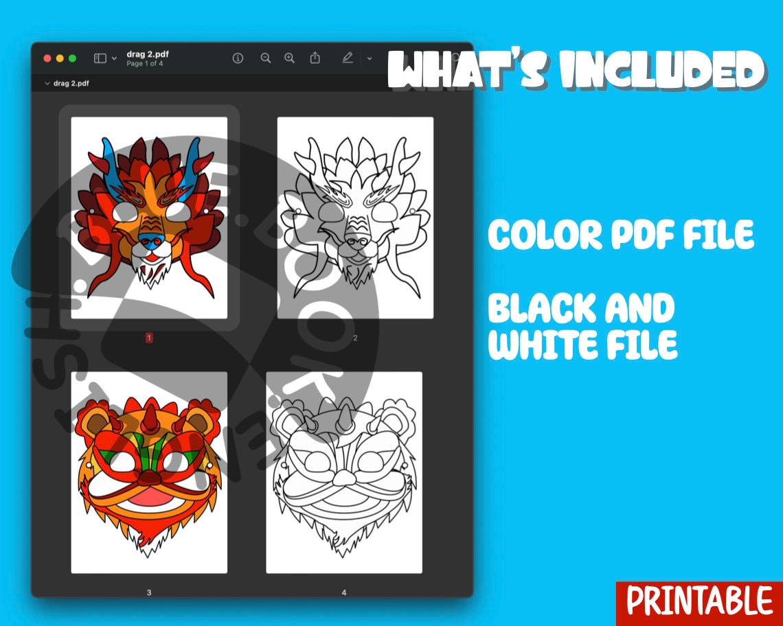 Dragon and Lion Mask Craft Activity Chinese New Year CNY Coloring ...