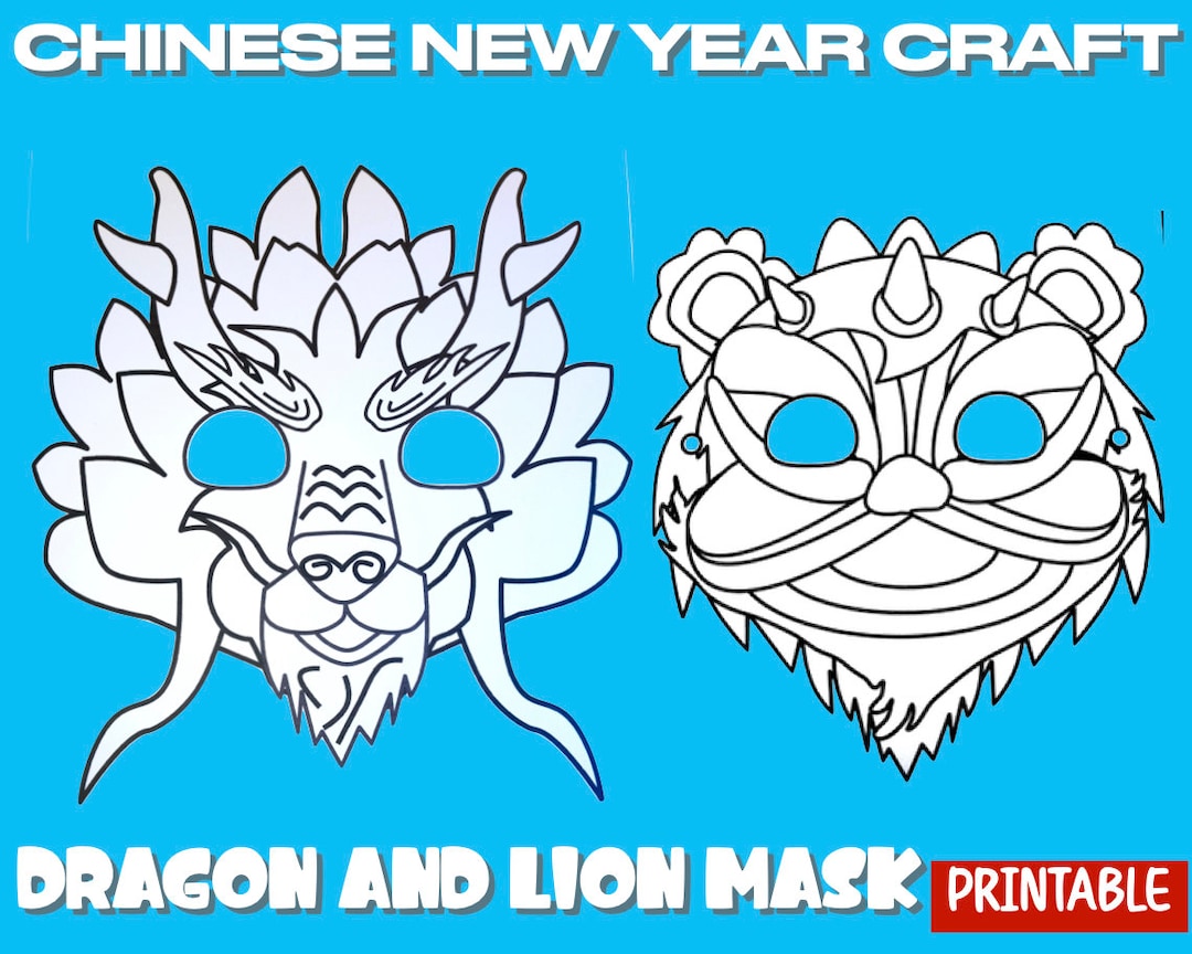 Dragon and Lion Mask Craft Activity Chinese New Year CNY Coloring ...