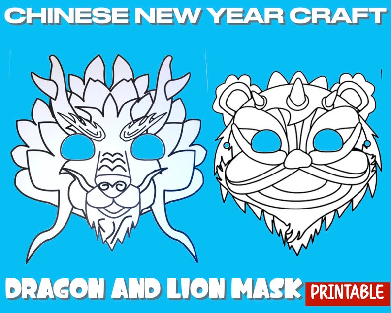 Dragon and Lion Mask Craft Activity Chinese New Year CNY Coloring ...