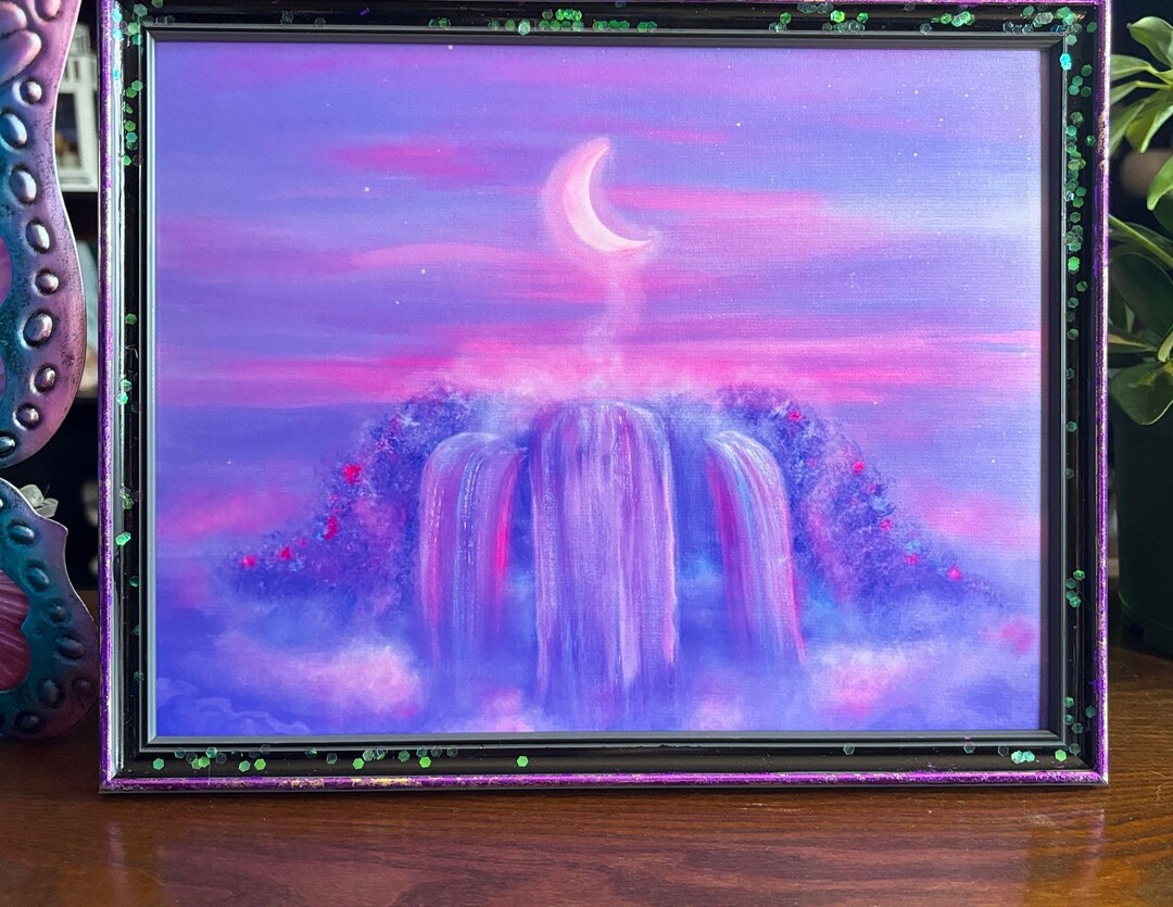 Serene Night Sky Moon Waterfalls Art Print, Metallic Pearl Paper ...