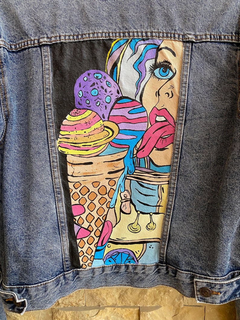 Hand Painted Denim Jacket Ice Cream Girl Jean Jacket - Etsy
