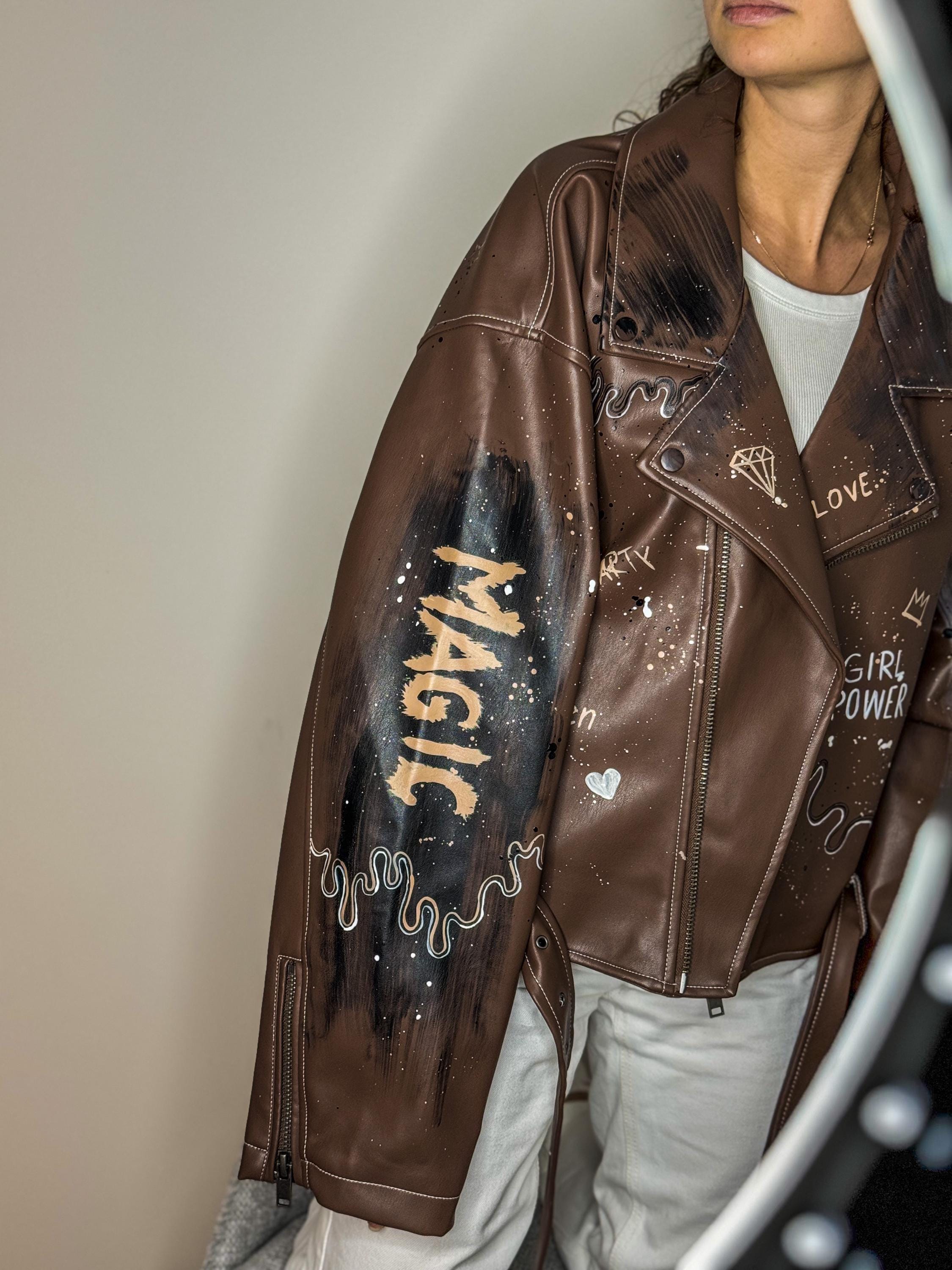Hand Painted Leather Brown Custom Jacket / Custom Painted Jacket ...