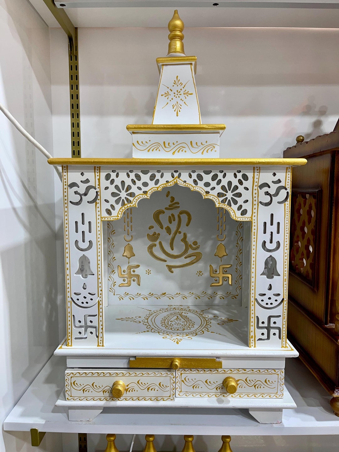 Ganesh Swastik Temple Mandir With LED Back Light, Pull Out Tray ...