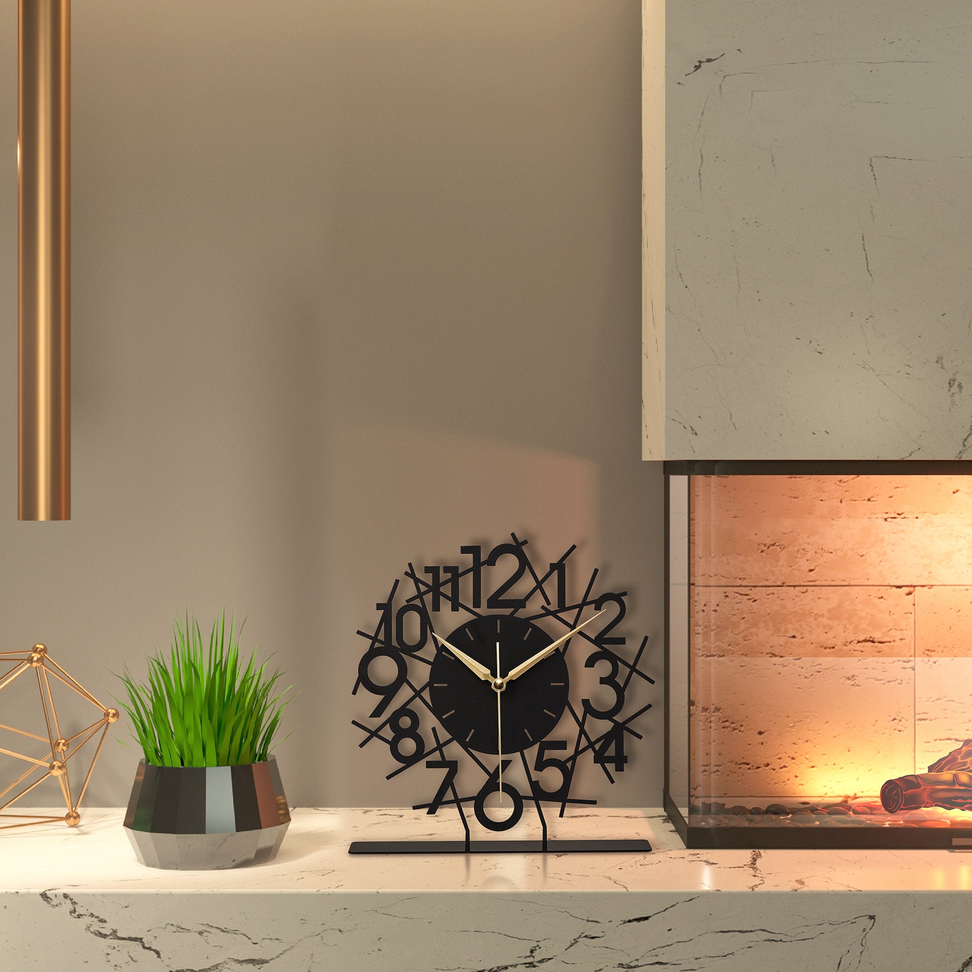 Black Decorative Metal Desk Clock Modern Clocks for Living Room Analog ...