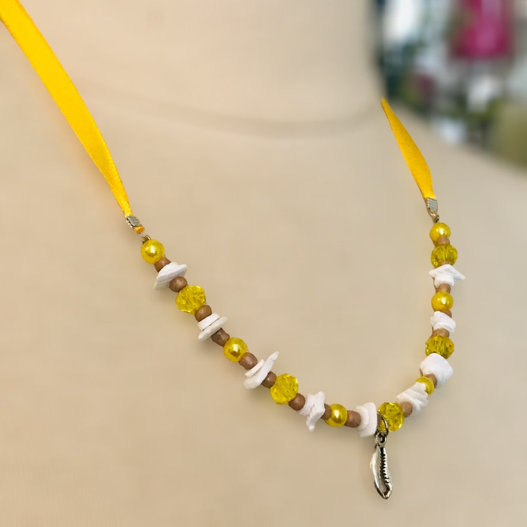 Beach Summer Themed Shell Necklace Yellow Ribbon Cord Puka Clam Shells ...